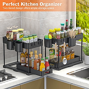 HINZER Under Sink Organizers and Storage, Slide Out Kitchen Cabinet Organizer 2 Tier Bathroom Counter Organizer with Hooks, Hanging Cups, Dividers, Multipurpose Cleaning Supplies Organizer for Home