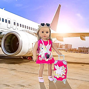 UNICORN ELEMENT 15Pcs 18 Inch Girl Doll Clothes and Accessories, Travel Suitcase with Unicorn Luggage Play Set Including Suitcase, Schoolbag, U-Shaped Pillow, Glasses, Camera, etc (Not Doll)