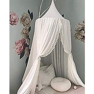 Kids Bed Canopy with Pom Pom Hanging Net for Baby Crib Nook Castle Game Tent Nursery Play Room Decor，White