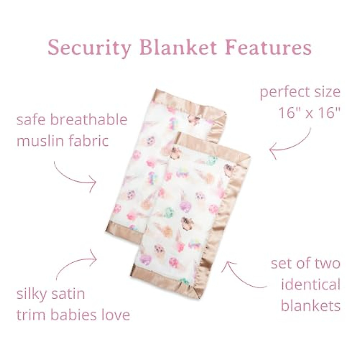 lulujo Baby Security Lovey Blankets|Unisex Softest Breathable Bamboo Viscose Cotton Muslin Security Blanket with Silky Satin Trim|Neutral Comforting Blanket for Girls & Boys|16in by 16 in|Ice Cream