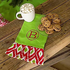 Drama Décor Personalized Green Hand Towel with Red & Green Ikat Trim, Monogramed Hand Towel