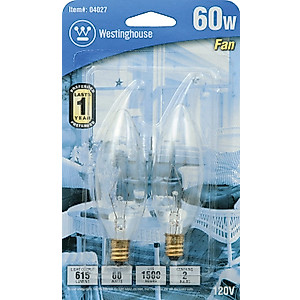 Westinghouse 4027 60-Watt, B10 Decorative Ceiling Fan Bulb, Candelabra Base, Clear, 2-Pack