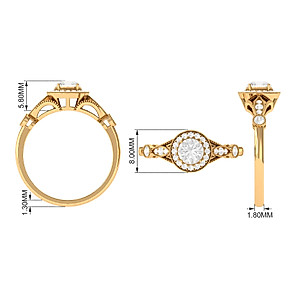 Rosec Jewels Certified White Sapphire Antique Engagement Ring with Milgrain Details | 1 CT | AAA Quality, 14K Yellow Gold, Size:US 7.00