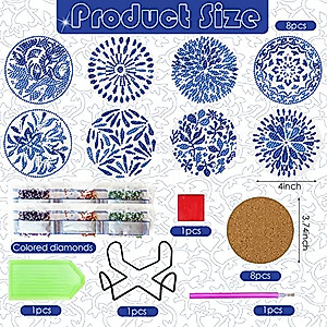 8 PCS Diamond Art Coasters Blue Watercolor Diamond Painting Coasters Kits with Holder Indigo Blue DIY Diamond Art Coasters,Diamond Painting Kits for Beginners Adults Kids Diamond Art Crafts Supplies