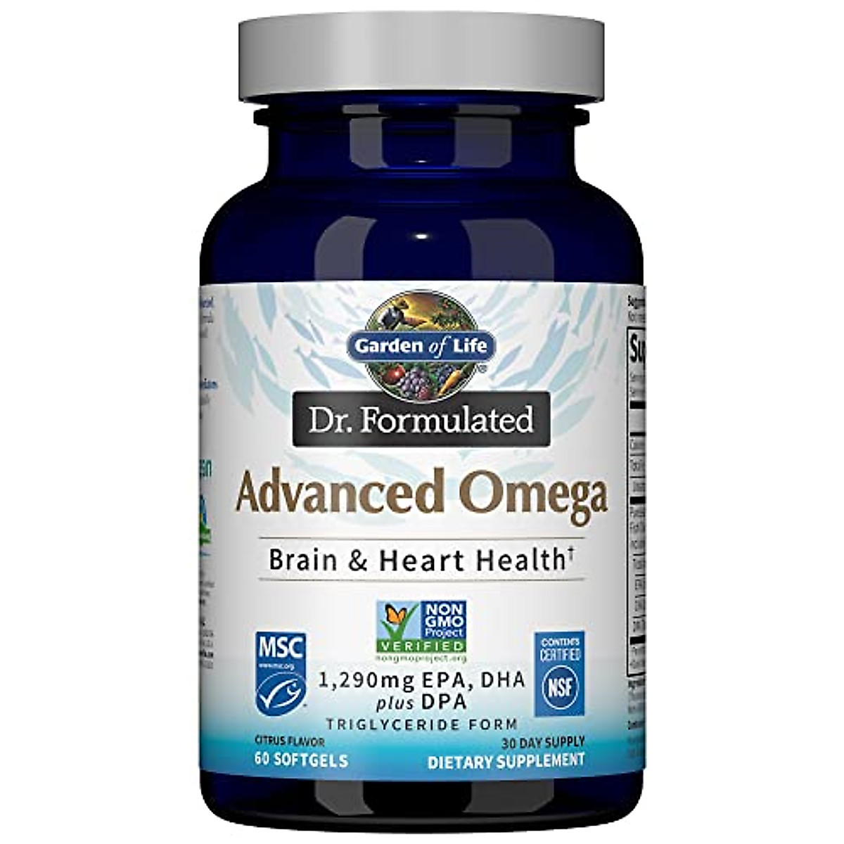 Garden of Life Dr. Formulated Advanced Omega Fish Oil - Lemon, 1,290mg EPA, DHA + DPA in Triglyceride Form, Single Source Omega 3 Supplement for Ultimate Brain & Heart Health, Non-GMO, 60 Softgels