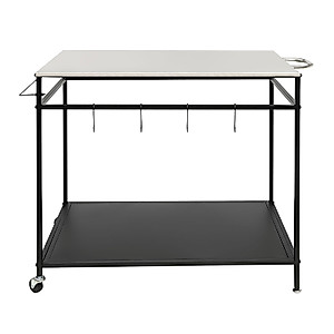 Gagalayong Double-Shelf Movable Outdoor Grill Cart Pizza Oven Stand, Multifunctional Kitchen Food Prep Table with Drawer, Black Solid Steel Dining Worktable on 4 Wheels & Seasoning Tray