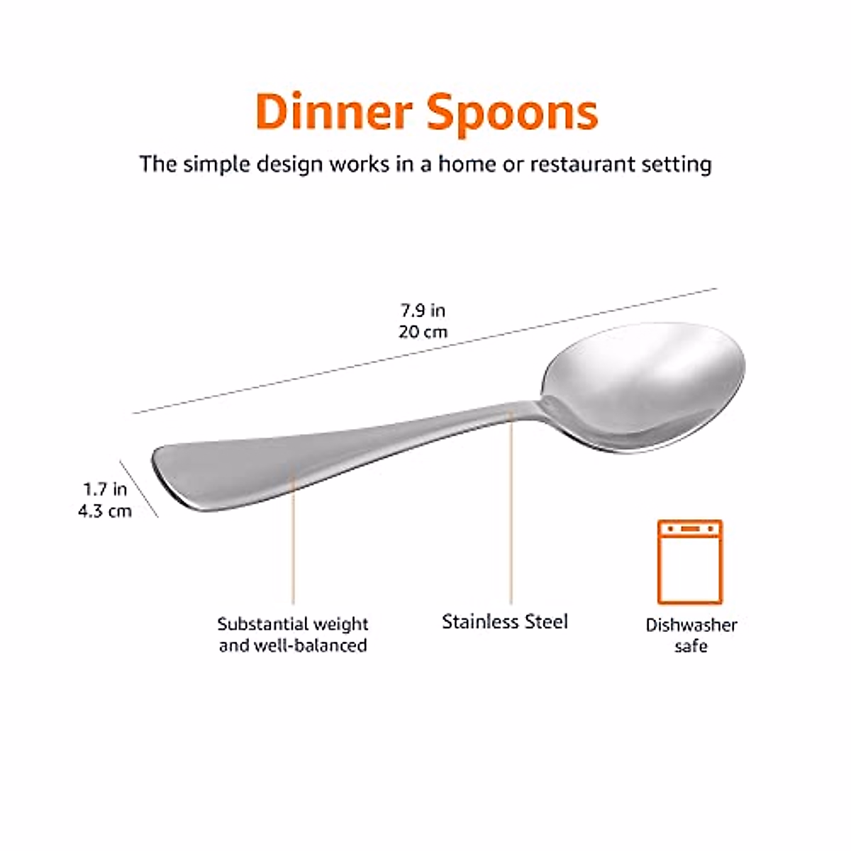 Amazon Basics Stainless Steel Dinner Spoons with Round Edge, Pack of 12, Silver