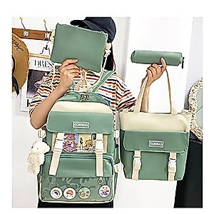 Cute Kawaii Canvas Backpack 4Pcs Set, Backpack, Pencil Pouch, Shoulder Bag, Lunch Bag, for Girls Boys, Give away bear pendant, cards, badges (Green)