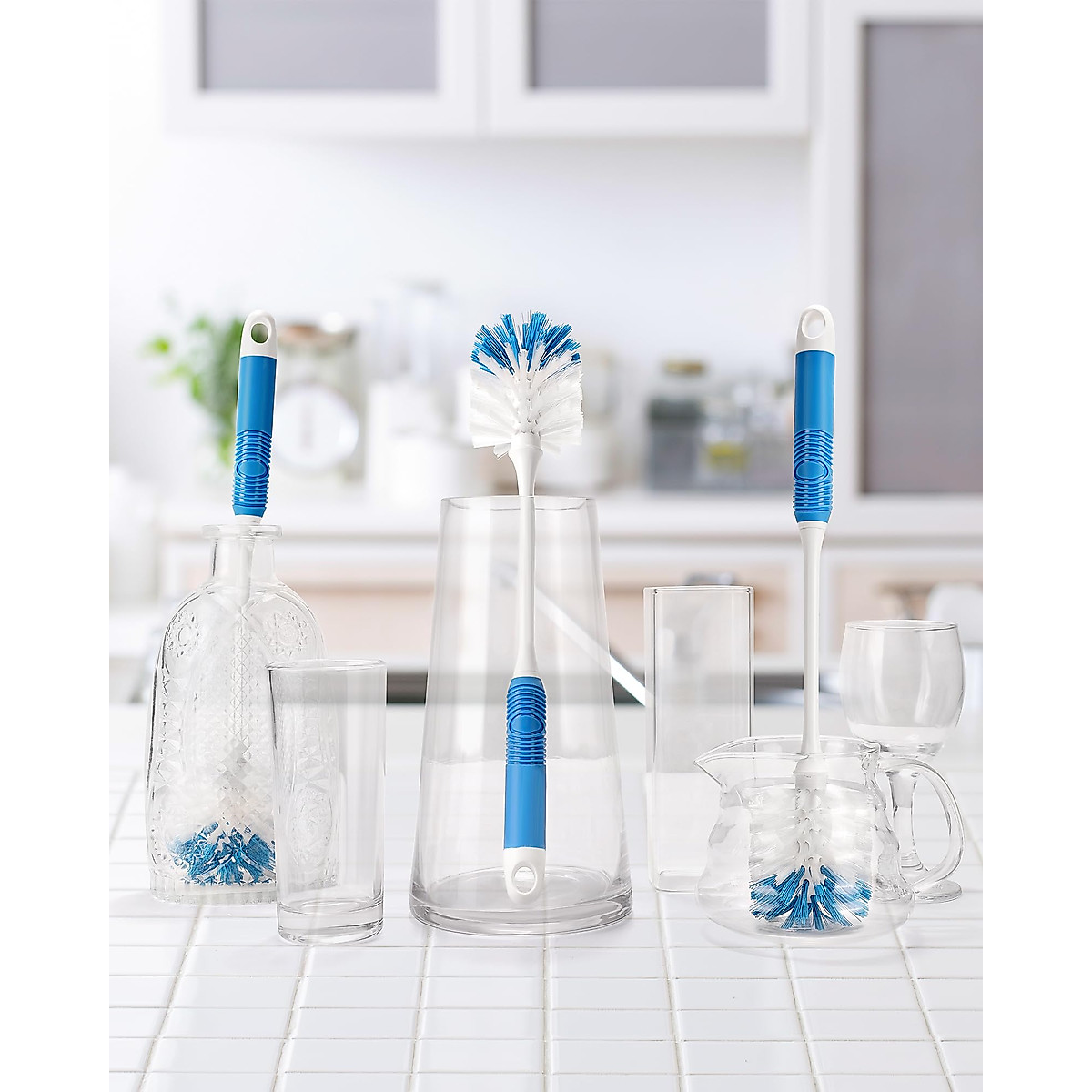 YeuDeuy Long Handle Bottle Brush, Bottle Brush Cleaner with Dual Function Bristles for Water Bottles, Glasswares, Mugs, Thermoses, Baby Bottles, Blue 3 Pack