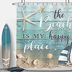 LIGHTINHOME Beach Shower Curtain 60Wx72H Inches Rustic Wooden Plank Positive Inspirational Quote Coastal Ship Starfish Seashell Cloth Fabric Waterproof Polyester Bathroom Home Decor Set with Hooks