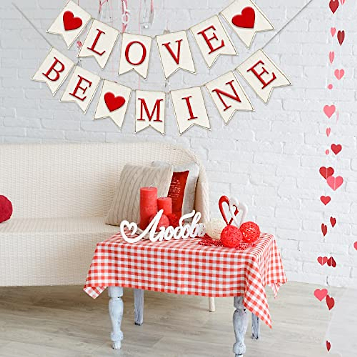 Whaline Valentine's Day Burlap Banner Felt LOVE BE MINE Heart Banner Pre-Assembled White Red Valentine Bunting Garland Celebration Hanging Decorations for Valentine Party Supplies Home Decoration