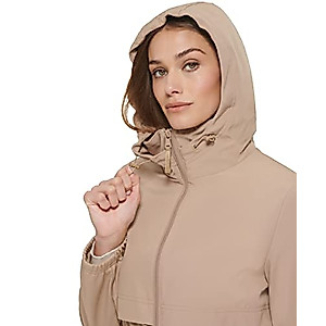 Calvin Klein Women's Water Resistant Adjustable Waist Hooded Back Logo Detail Anorak, Khaki Medium