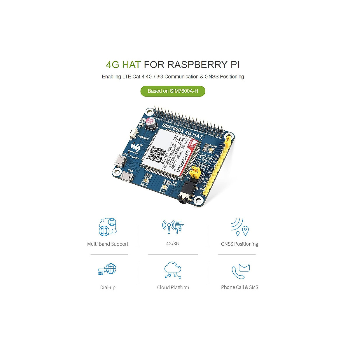 Waveshare 4G/3G/GNSS HAT for Raspberry Pi Zero/Zero W/Zero WH/2B/3B/3B+ Jetson Nano Based on SIM7600A-H LTE CAT4 up to 150Mbps Support Phone Call Wireless Communication