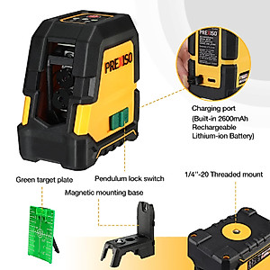PREXISO 100Ft Rechargeable Dual Modules Laser Level & PREXISO 2-in-1 Digital 135Ft Rechargeable Laser Tape Measure - Pythagorean Mode, Area, Volume, Ft/Ft+in/in/M Unit Digital Distance Meter