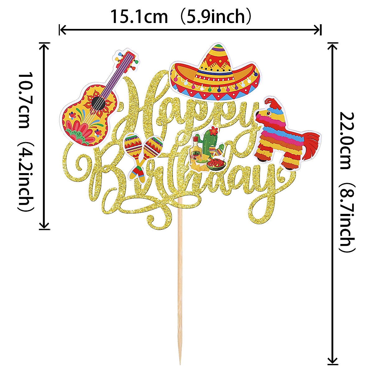 1 Pack Happy Birthday Fiesta Cake Topper Guitar Cactus Donkey Rackets Pepper Cake Pick for Mexican Fiesta Theme Baby Shower Birthday Party Cake Decorations Supplies Gold