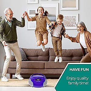 Philco Portable CD Player Boombox with Speakers and AM FM Radio | Purple Boom Box CD Player Compatible with CD-R/CD-RW and Audio CD | 3.5mm Aux Input | Stereo Sound | LED Display | AC/Battery Powered