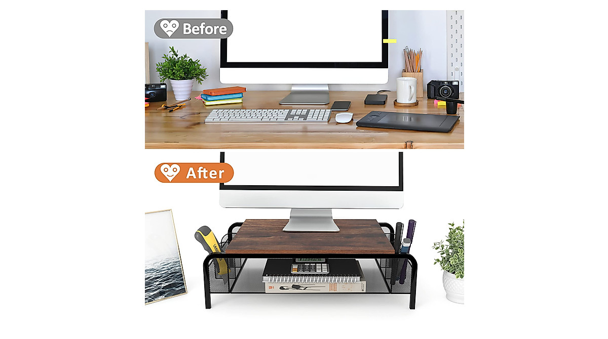 Trwcrt Metal Desk Monitor Stand Riser with Organizer Drawer, Rustic ...