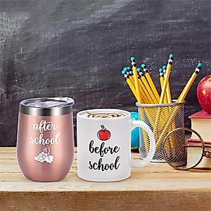 Qtencas Before School After School Teacher Coffee Mug and Wine Tumbler Set, Funny Idea for Teachers, Teacher Appreciation from Students, 12 Oz Insulated Stainless Steel Tumbler 11 Oz Coffee Mug