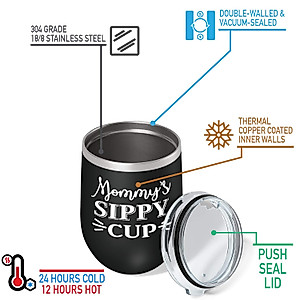 Mommy's Sippy Cup on 12 oz Black Stainless Steel Gift Travel Wine Tumbler