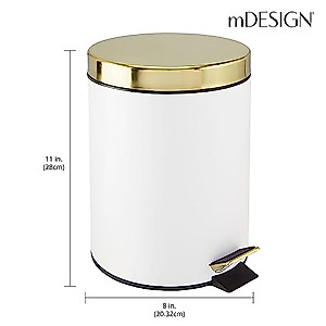 mDesign Pedal Bin — Metal Waste Bin with Pedal, Lid and Plastic Bucket Insert — Perfect for Bathroom, Kitchen, and Office — Household Rubbish Bin with Ergonomic Design — White/Gold