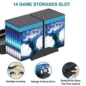 PS5 Charging Station with Cooling Fan, DualSense Controller Vertical Stand Dock for PS5 Console and Digital Edition, 3 USB Ports Retractable 14 Game Slots Storage Bracket for PlayStation 5 Accessories