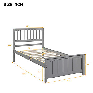 MERITLINE Twin Size Platform Bed, Wooden Twin Bed Frame, Gray