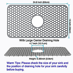 HiBD Silicone Sink Mat 1Piece Grey with Center Drain, Sink Protectors for Kitchen Sink, Silicone Sink Protector, Kitchen Sink Mats and Protectors, for Farmhouse Sink ( 24.8"x 13" )