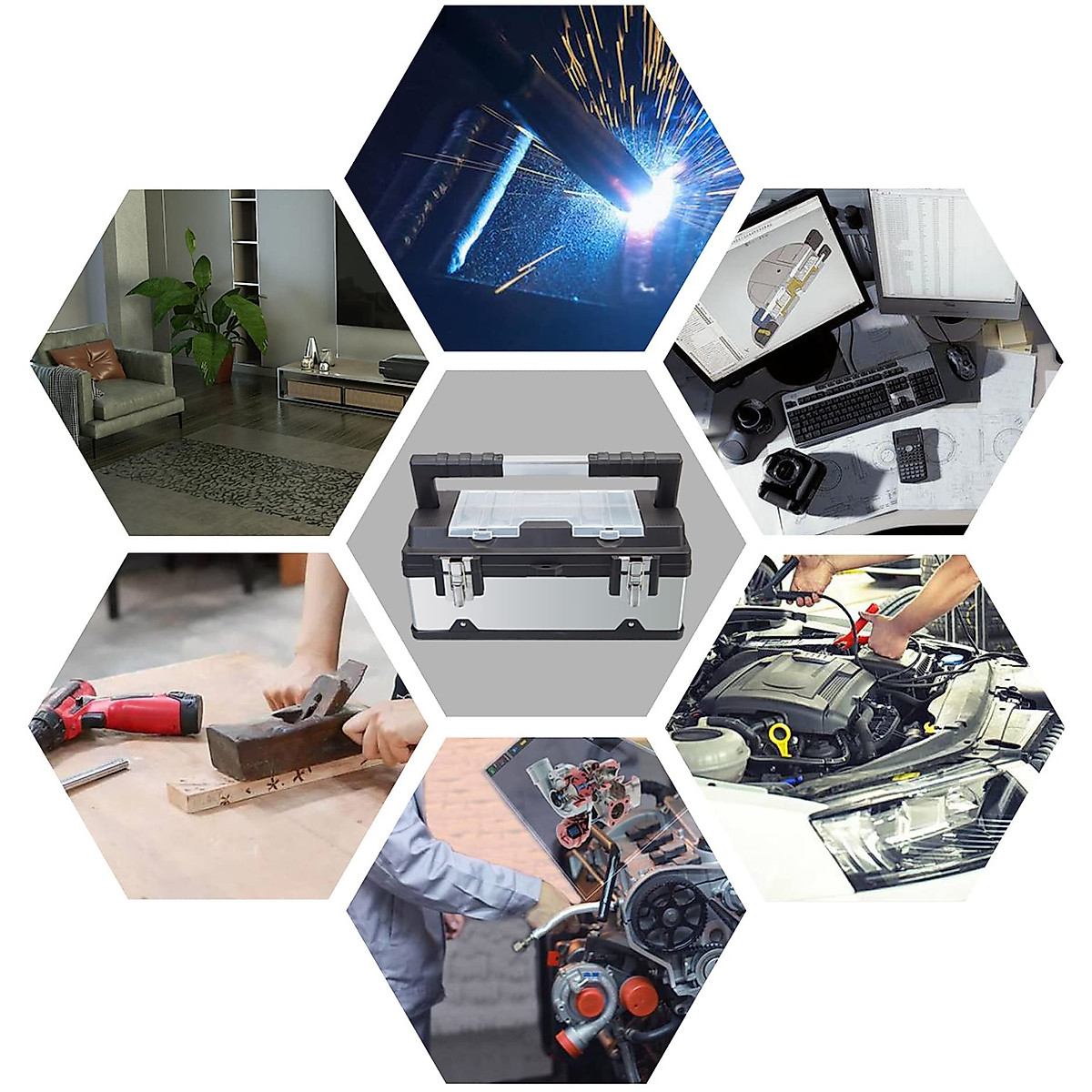 BIG RED A5519BR Torin 19" Stainless Steel and Plastic Portable Storage Tool Box Organizer with Metal Lock, Multiple Compartments, Clear Lid and Removable Trays - Stainless Steel/Black