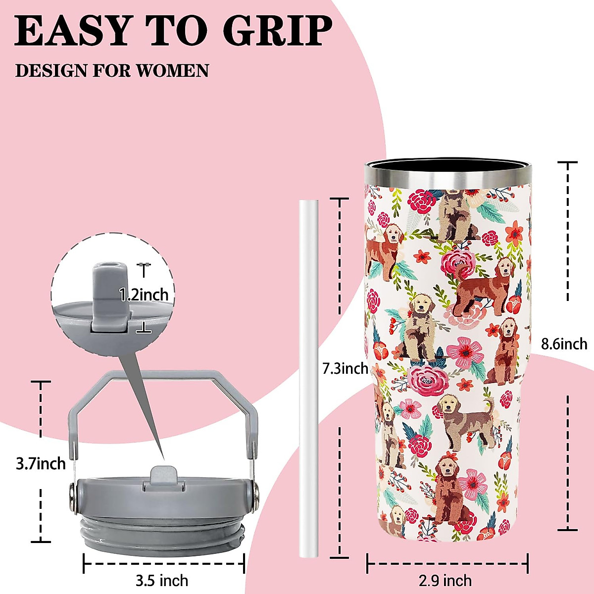 Goldendoodle Tumbler - Dog Lovers Gifts for Women- with Handle and Straw, Stainless Steel Vacuum Insulated Flip Straw 30 oz - Spill Proof Coffee Travel Mug Goldendoodle Lovers Gifts