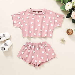 YOUNGER TREE Kids Toddler Baby Girls Shorts Outfits Set Leopard Print Ruffle Dress T-Shirt Tops+Short Pants 2Pc Summer Clothes Set (Pink dots, 18-24Months)