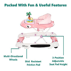 Dream on Me 2-in-1 Aloha Fun Baby Walker in Pink, Easily Convertible Baby Walker, Adjustable Three Position Height Settings, Easy to Fold and Store