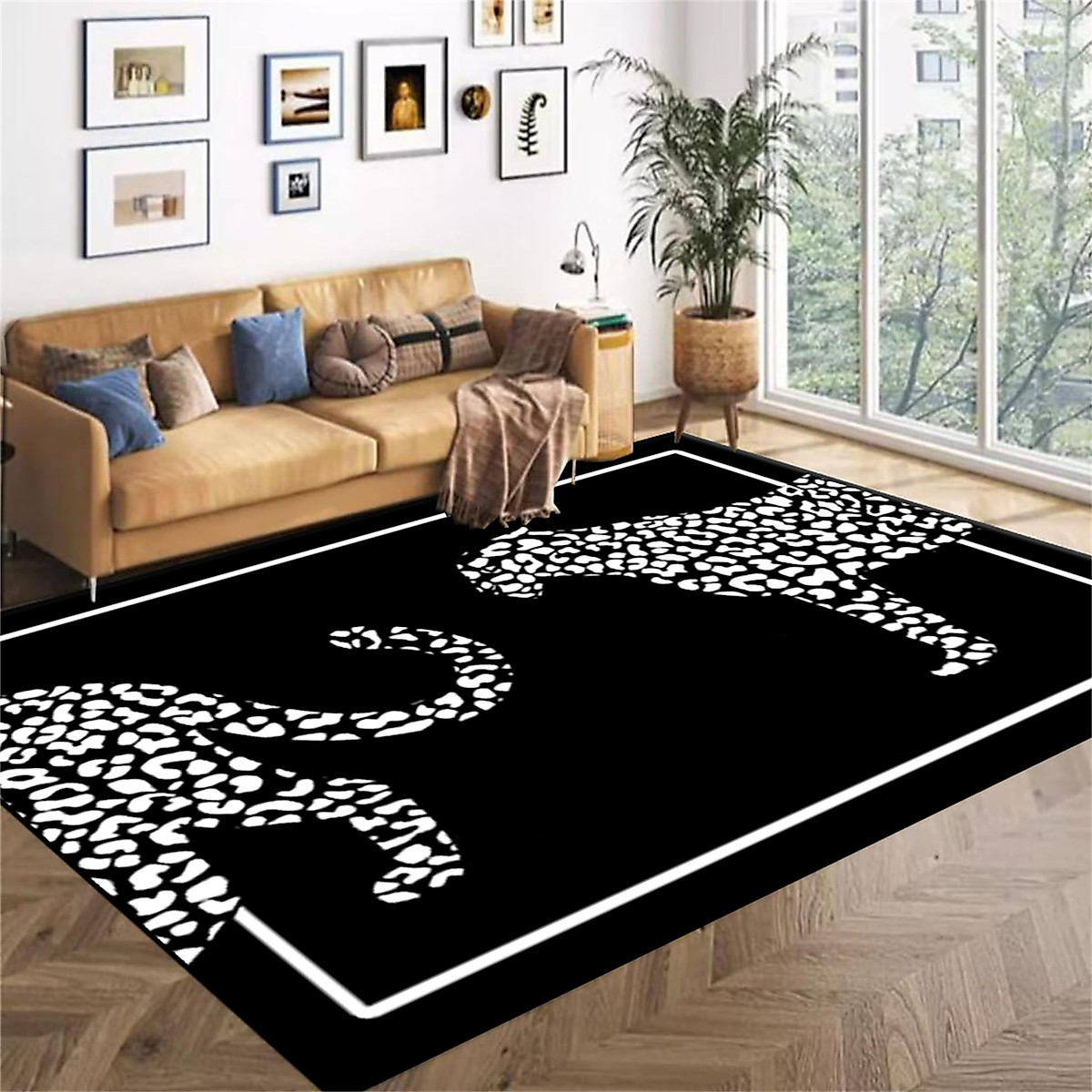 Srocvi Wildlife Area Rug Jungle Black White Cheetch Leopard Print Design Carpets for Kids Playroom Modern Geometric Non-Slip Washable Rug in Black Perfect for Living Dining Room Home Bathroom, 2x5ft