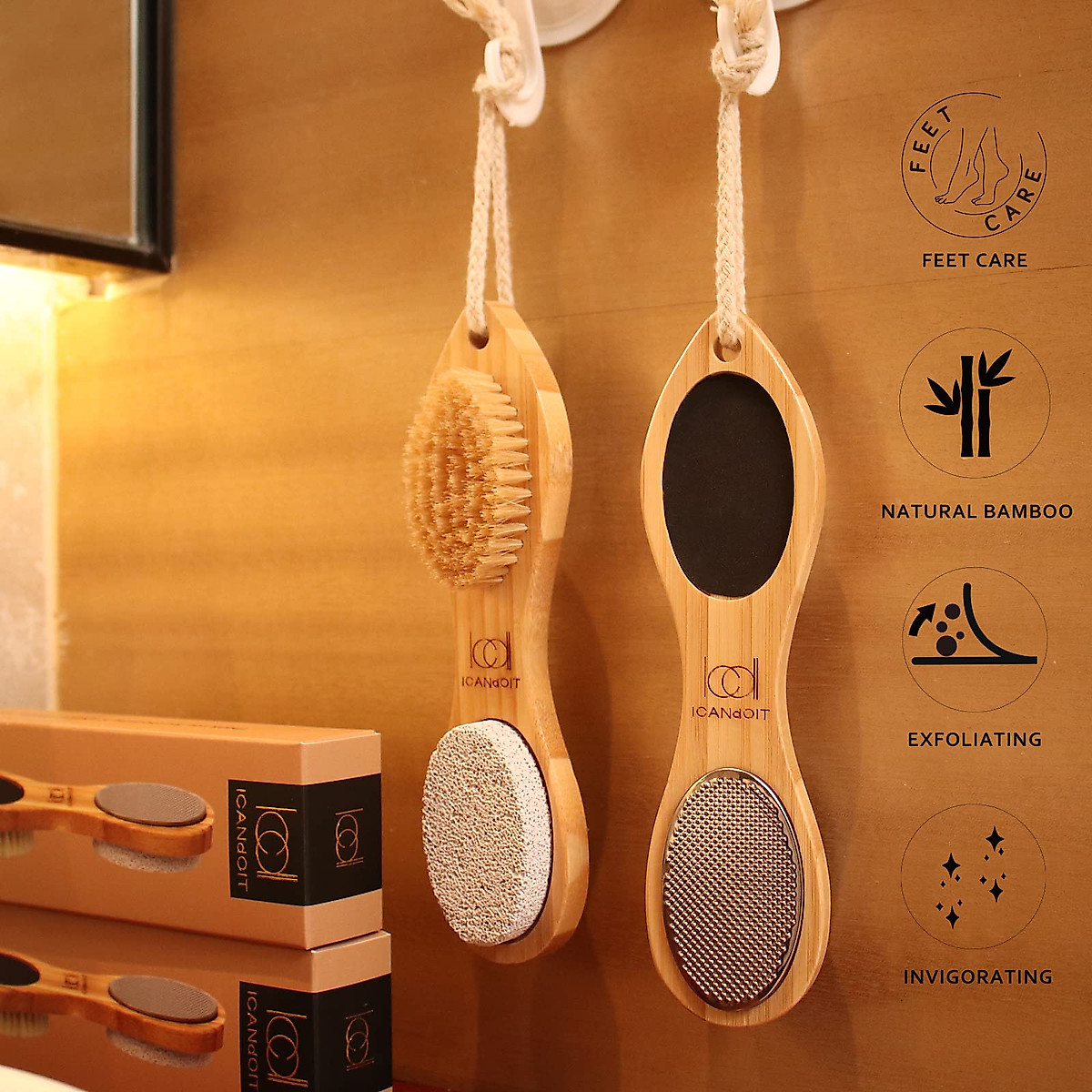 ICDI ICANdOIT Natural Bamboo Foot File Callus Remover-Multi Purpose 4 in 1 Feet Pedicure Kit with Foot Care Boar Bristle Brush,Pumice Stone,Foot Rasp,Sand Paper