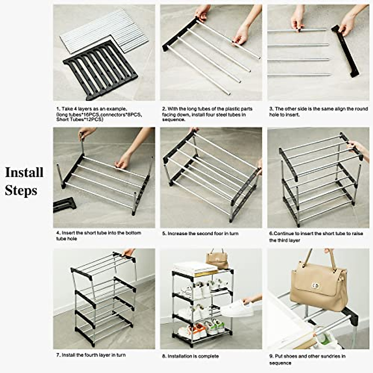 OLYREO Stackable Small Shoe Rack for Closet 3 Tier, Sturdy Shoe Rack Organizer for Front Door Entrance and Entryway, Free Standing Metal Shoe Shelf Storage for Closet Bedroom Garage Black