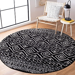 SAFAVIEH Tulum Collection 3' Round Black/Ivory TUL267Z Moroccan Boho Distressed Non-Shedding Area Rug