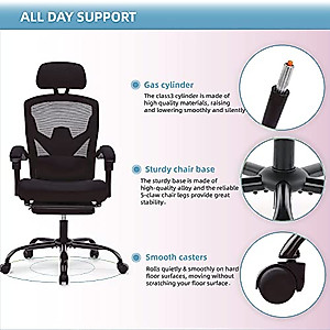 SMUG Office Reclining High Back Desk, Ergonomic Home Mesh, Tilt and Lock,Computer Swivel Task Chair with Lumbar Support Pillow,Adjustable Headrest,Retractable Footrest and Padded Armrests, Black