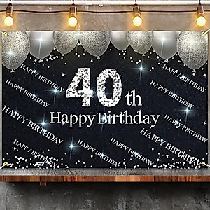 Silver and Black Happy 40th Birthday Backdrop Banner Decorations for Women Men 40 Years Old Bday Background Photography Party Decor Sign Supplies
