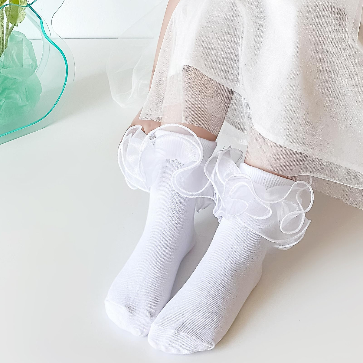 Mini angel Girls Ruffle Socks Double Lace Frilly Dress Socks Kids Turn Cuff Socks for Little Girls 2 Pack (White, 4-6 Years)
