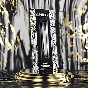 By MILLY Professional Slanted Tweezers for Women & Men | High Carbon Stainless Steel Sharp Tweezers | Tweezers for Women Facial Hair Plucking, Hand-Filed & Aligned Precision Slant Tips - Silver