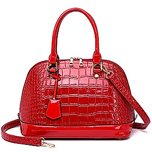 Dayfine Classic Dome Satchel Bags for Women Crocodile Pattern Faux Leather Crossbody Bags Top Handle Handbags Zipper Purse-Red