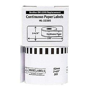 HOUSELABELS Compatible with DK-2205 Replacement Roll for Brother QL Label Printers; Removable Adhesive Continuous Length Labels; 2-4/9" x 100 feet (62mm*30.48m) with 1 Reusable Cartridge - 2 Rolls