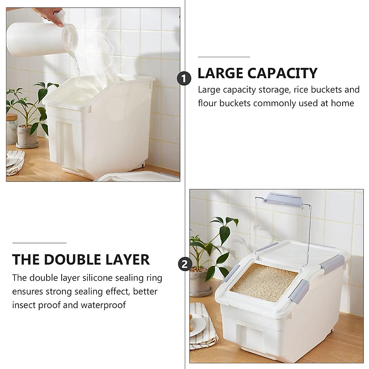 LIFKOME Rice Storage Container with Wheels Seal Locking Lid PP Food Containers Set Locking Lid Large Storage Boxes Plastic Cereal Pet Food Dog Cat Birds Food Bin