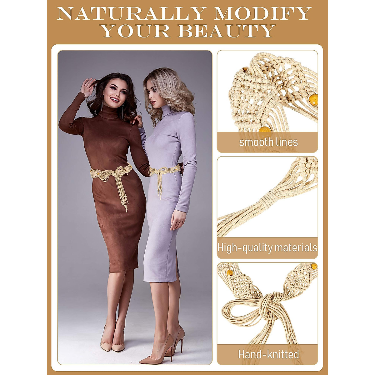 Hercicy Women Bohemian Style Belt Macrame Braid Waist Belt for Dresses Christmas (Khaki) Medium