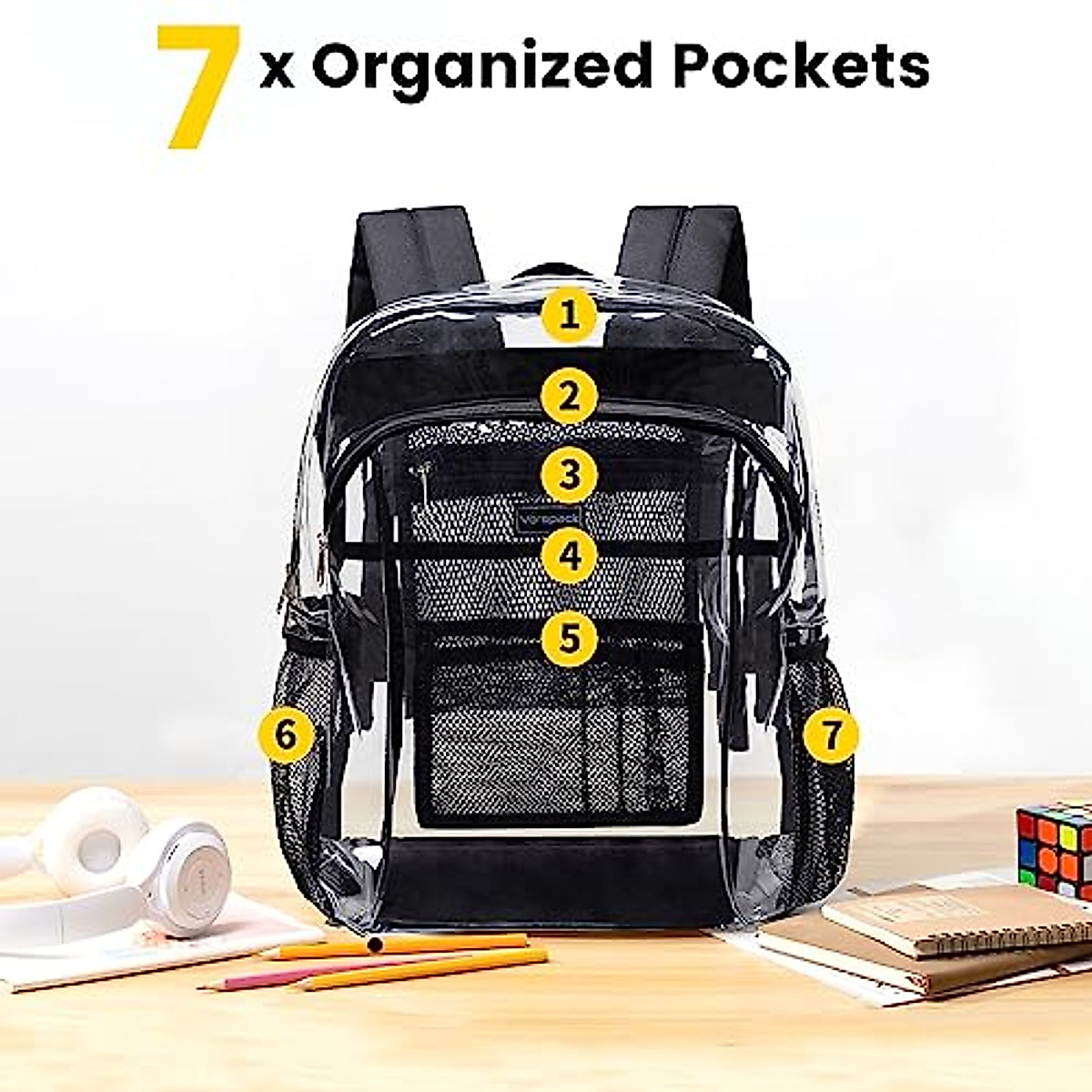 Vorspack Clear Backpack Heavy Duty - Clear Book Bag with Multi-pockets Large See Through Backpack for College Workplace - Black