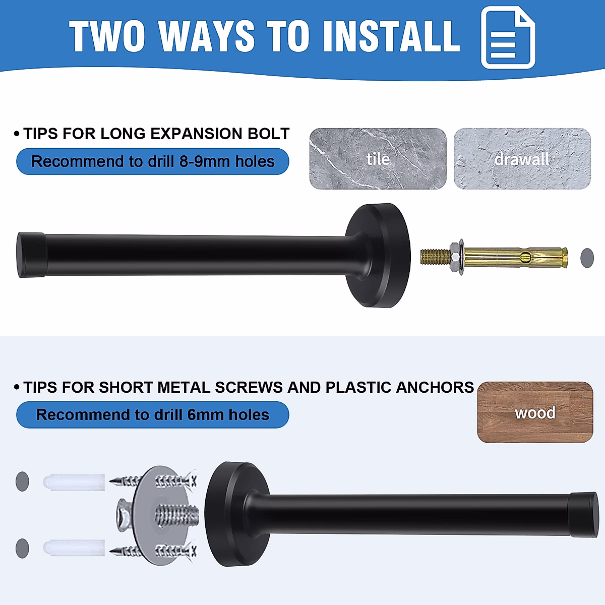 KOLAKO Door Stop, Long Door Stopper 10 Inch Wall Mounted Black Doorstops with Rubber Bumper Tip Baby Proof Extended Door Holder, Stainless Steel Extra Long Door Stops