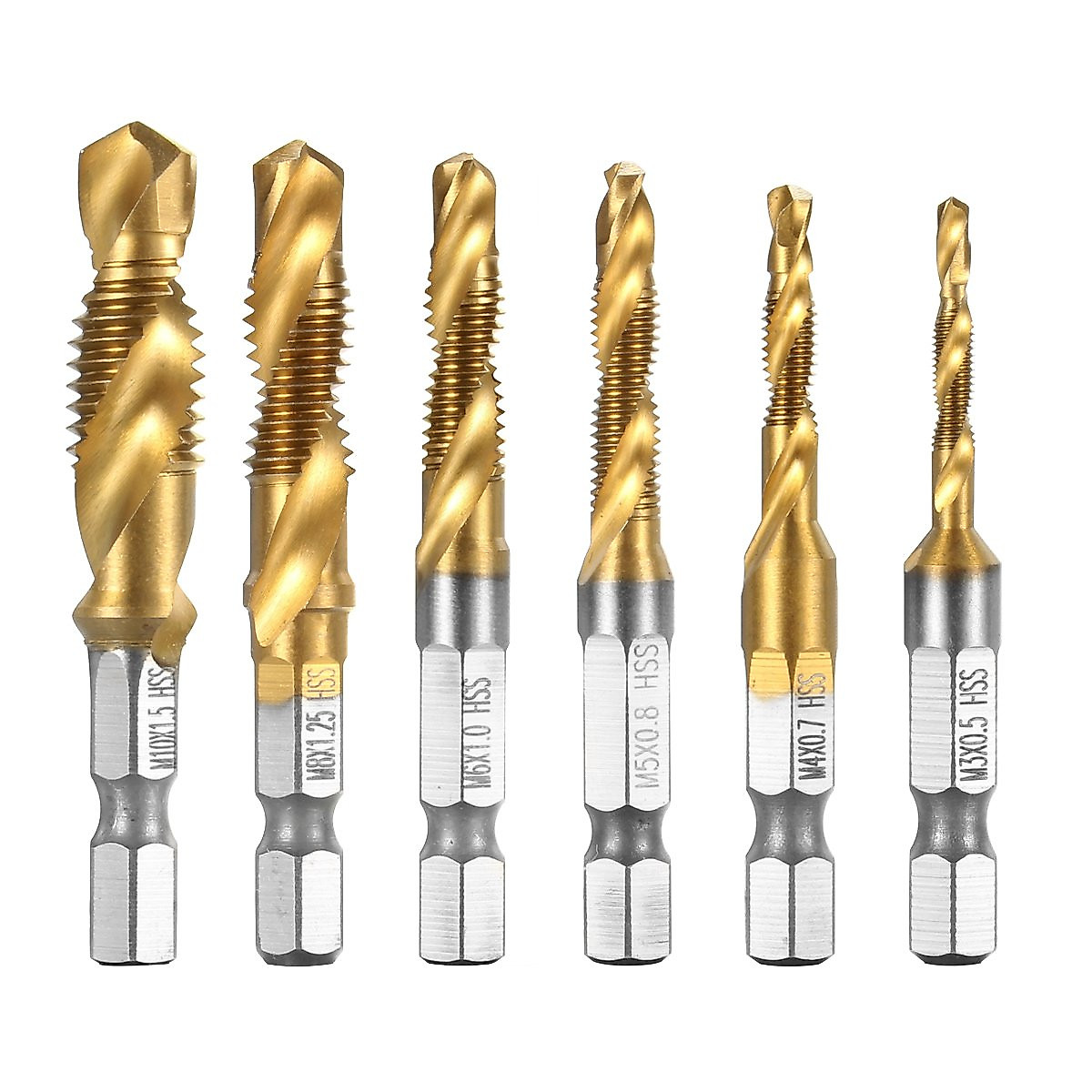 6 Pcs Spiral Tap Drill Bit Set Titanium Coated HSS Fluted Machine Screw Tap Kit, Hex Shank Combination Drill Tap Bit Spiral Screw Tap Set M3-M10, (1 Pack 6 Pcs Silver)