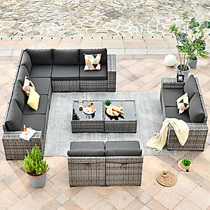 HOOOWOOO 12 Piece Modular Patio Outdoor Sectional Furniture Sofa Set,Wicker Conversation Set,Out Door Couch Set with Wide Arm for Outside All Weather(Black)