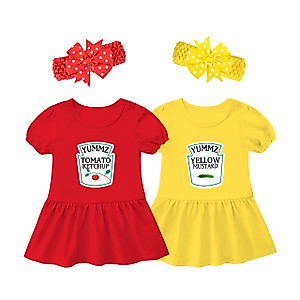 YSCULBUTOL Baby Twins Bodysuit Ketchup Mustard Newborn Girl Matching Outfits Sister Dresses Infant Romper With Headband Set(red yellow 12m)