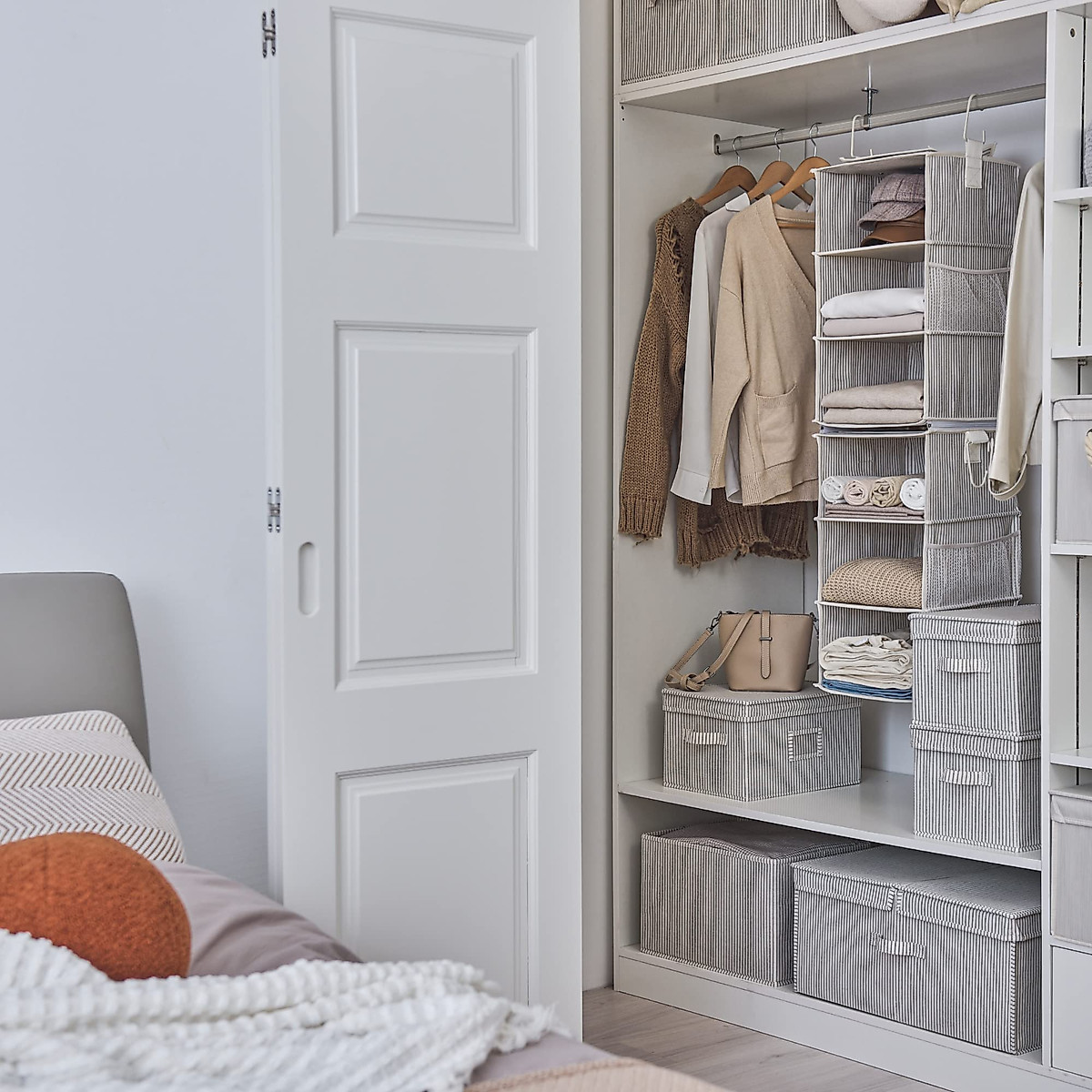 StorageWorks 6-Shelf Hanging Closet Organizers, Two 3-Shelf Separable Closet Hanging Shelves, 12" D x 12" W x 48 ¼"H, Gray and White Stripes