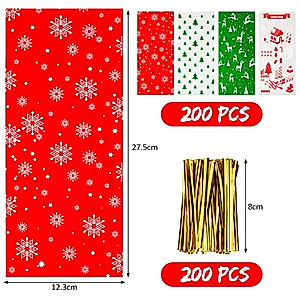 Yixiang 200 PCS Christmas Cellophane Goody Bags Assortment for Holiday Treats, Christmas Party Favors, Cello Candy Bags, Christmas Gifts, Party Supplies, Christmas Goodie Bags